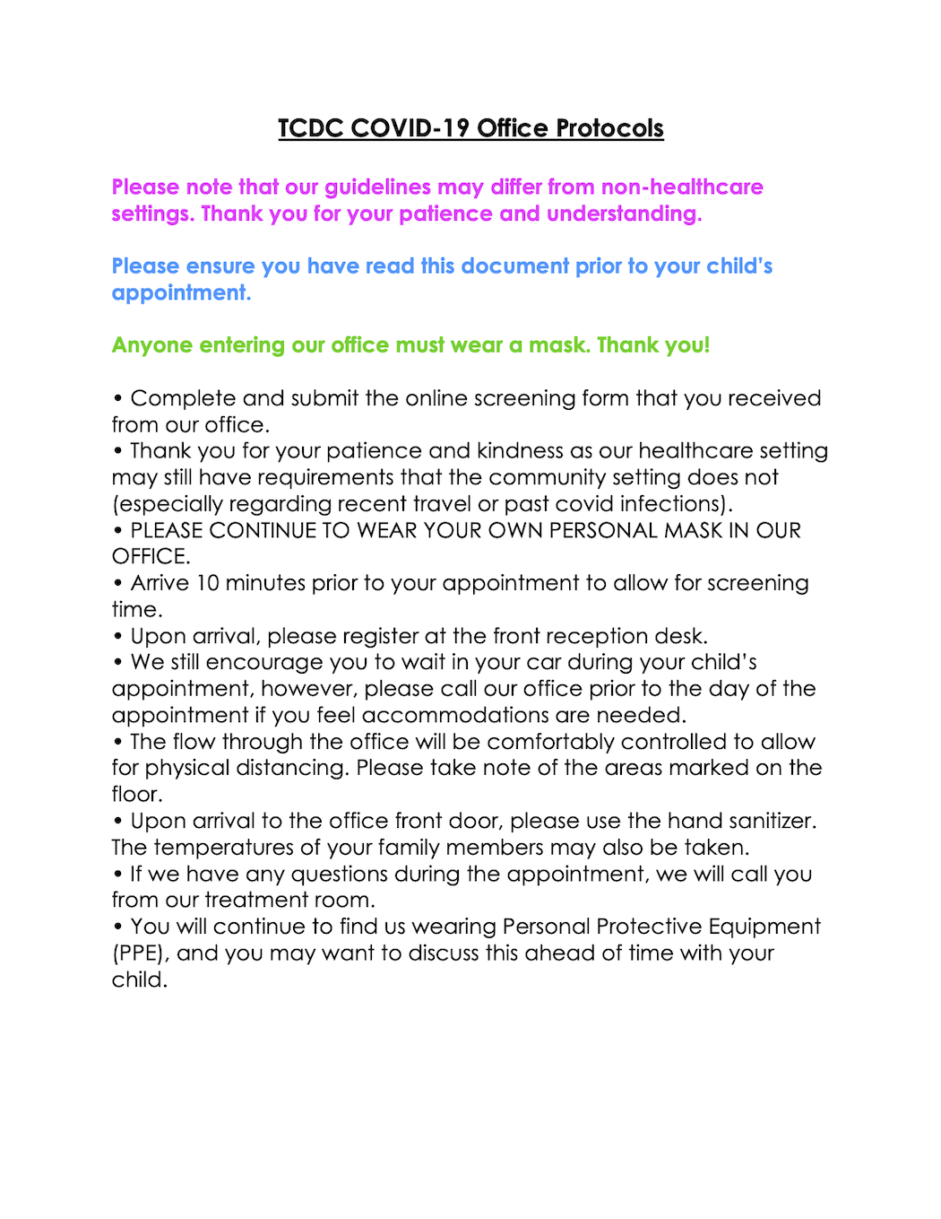 COVID-19 Office Protocols - The Children's Dental Centre